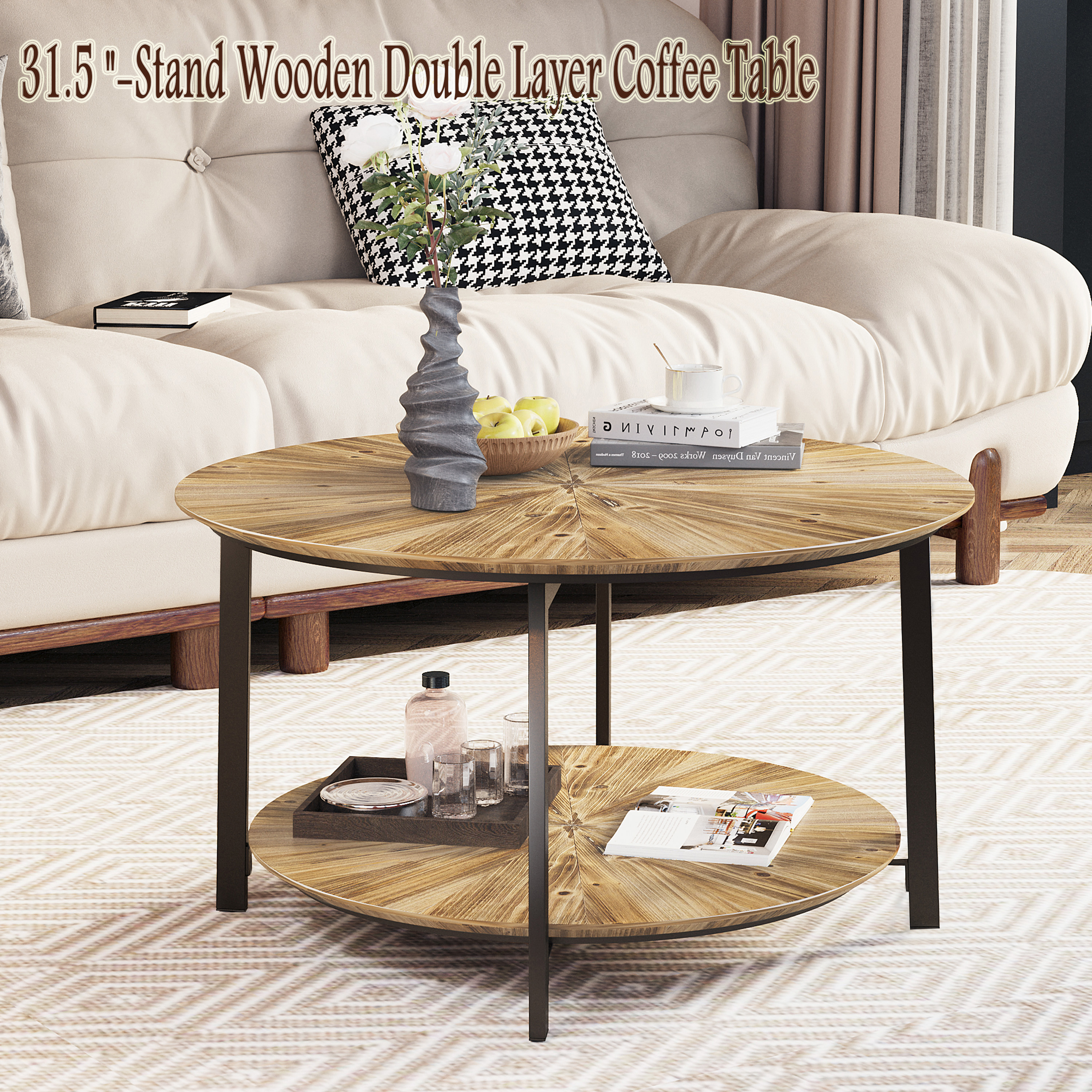 Round Coffee Table-31.5 ",Stand Wooden Double Layer Coffee Table with ...