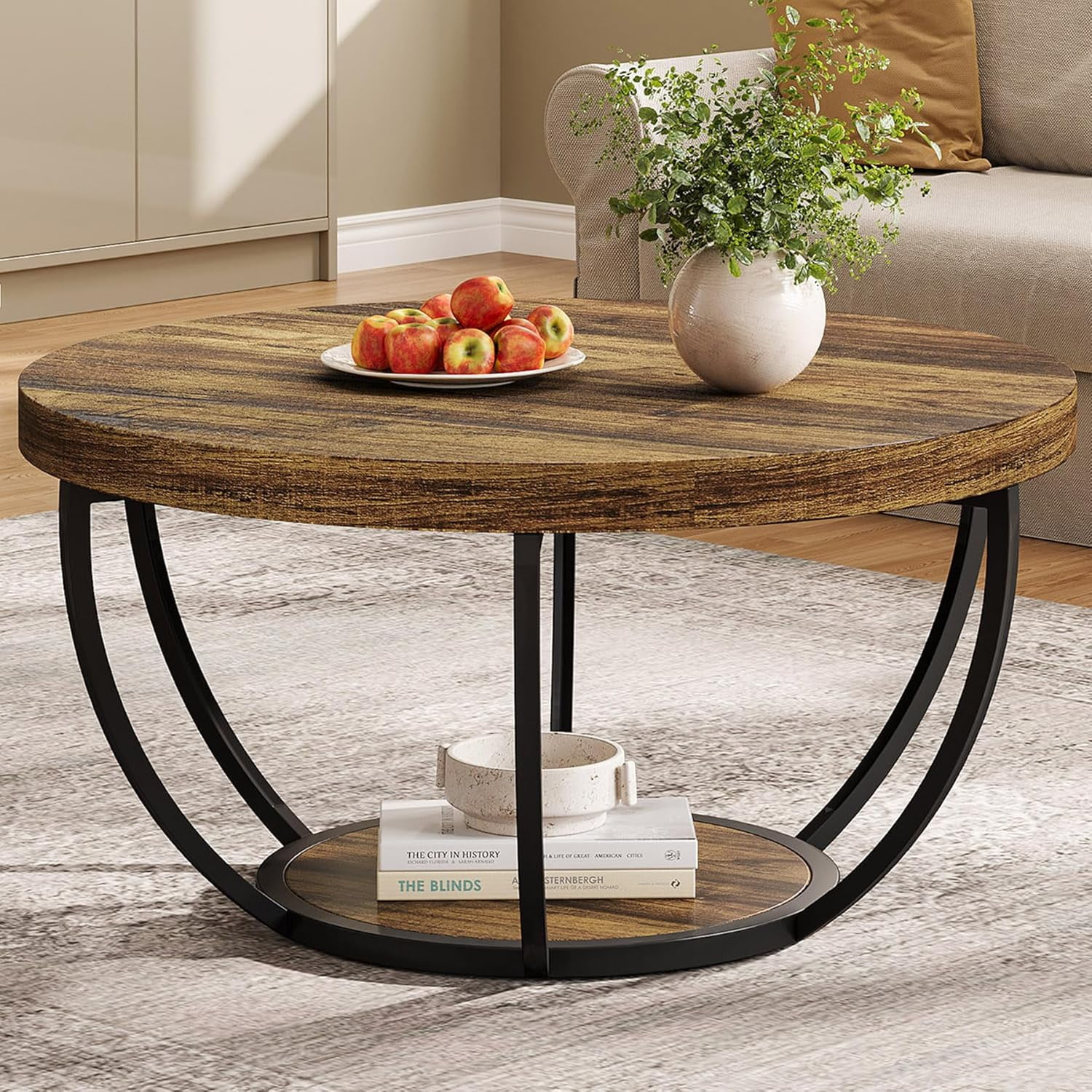 Round Coffee Table, 31.7" Rustic Brown Wooden 2-Tier Circle Coffee ...