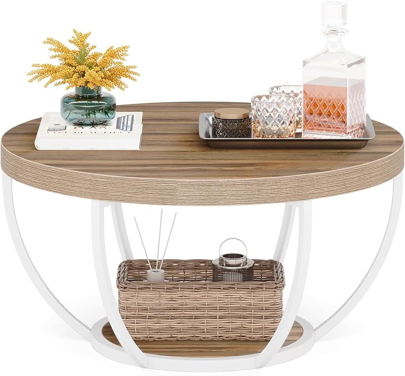 Round Coffee Table, 31.7" Wooden 2-Tier Circle Coffee Table with ...
