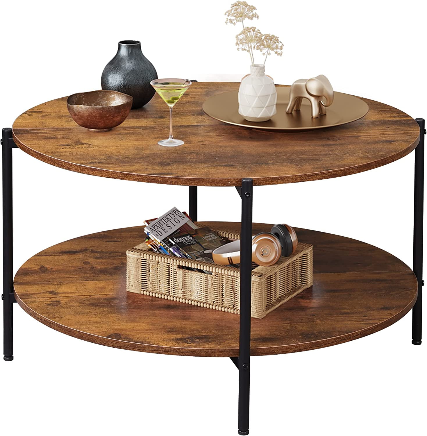 Round Coffee Table, 32.6" Small Coffee Table with Open Storage Shelf, 2 ...