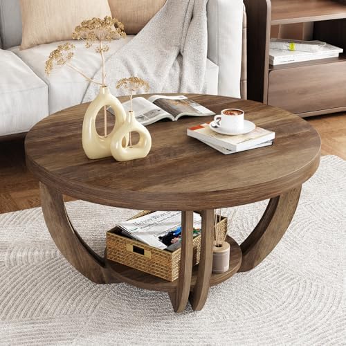 Round Coffee Table, 32-Inch Coffee Table for Living Room, 2-Tier Wood ...
