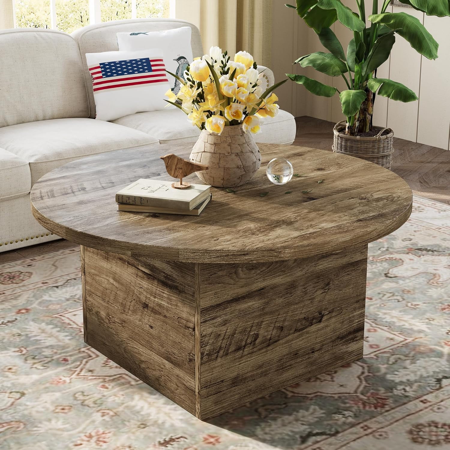 Round Coffee Table, 35.5-Inch Modern Engineered Wood Center Coffee ...
