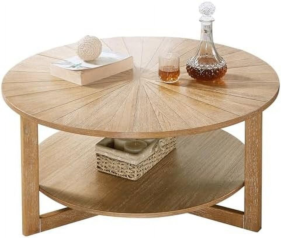 Round Coffee Table, 35" Circle Wood Coffee Table with Storage Shelf, 2 ...