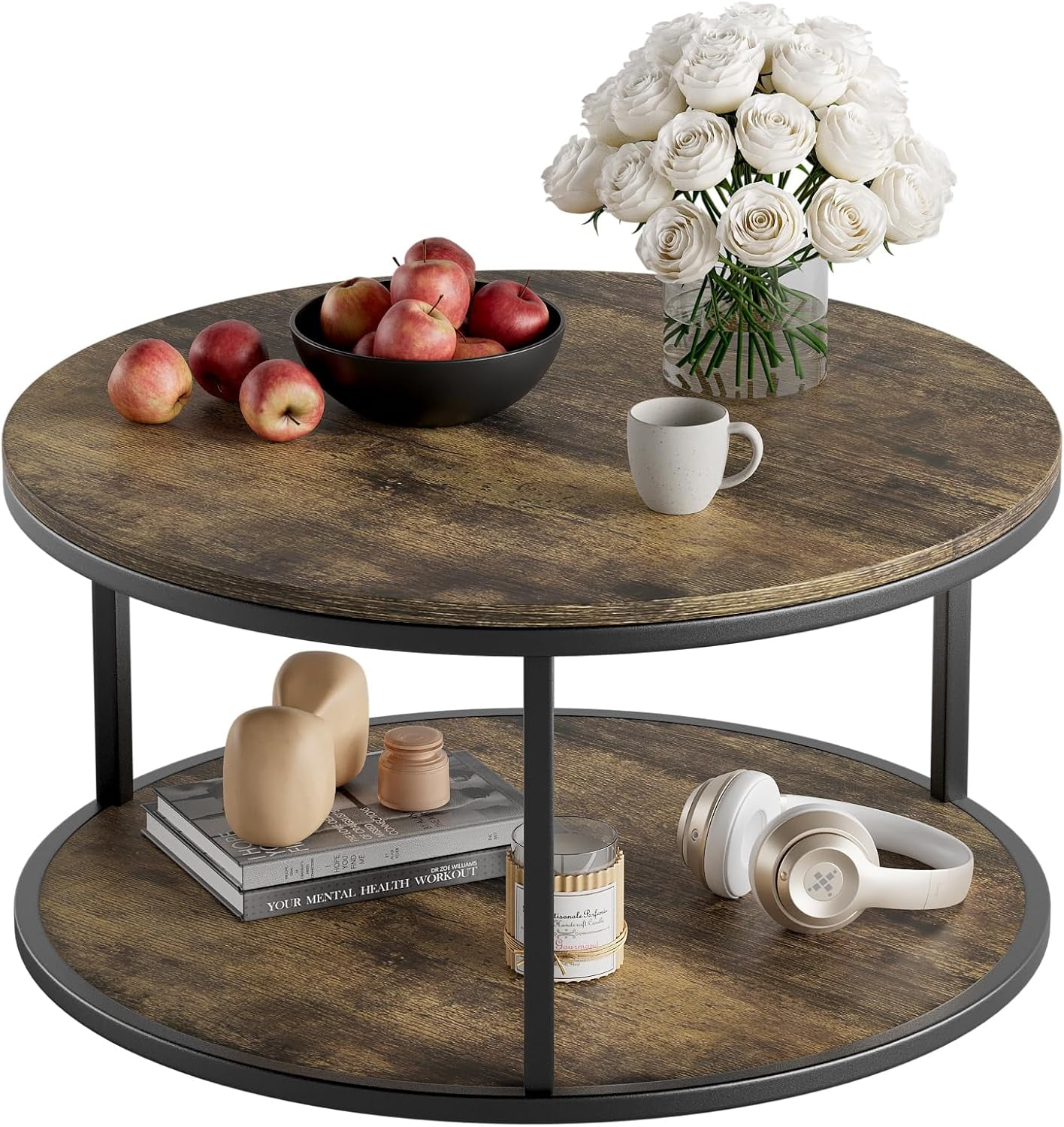 Round Coffee Table, 36" Coffee Table for Living Room, 2-Tier Storage ...