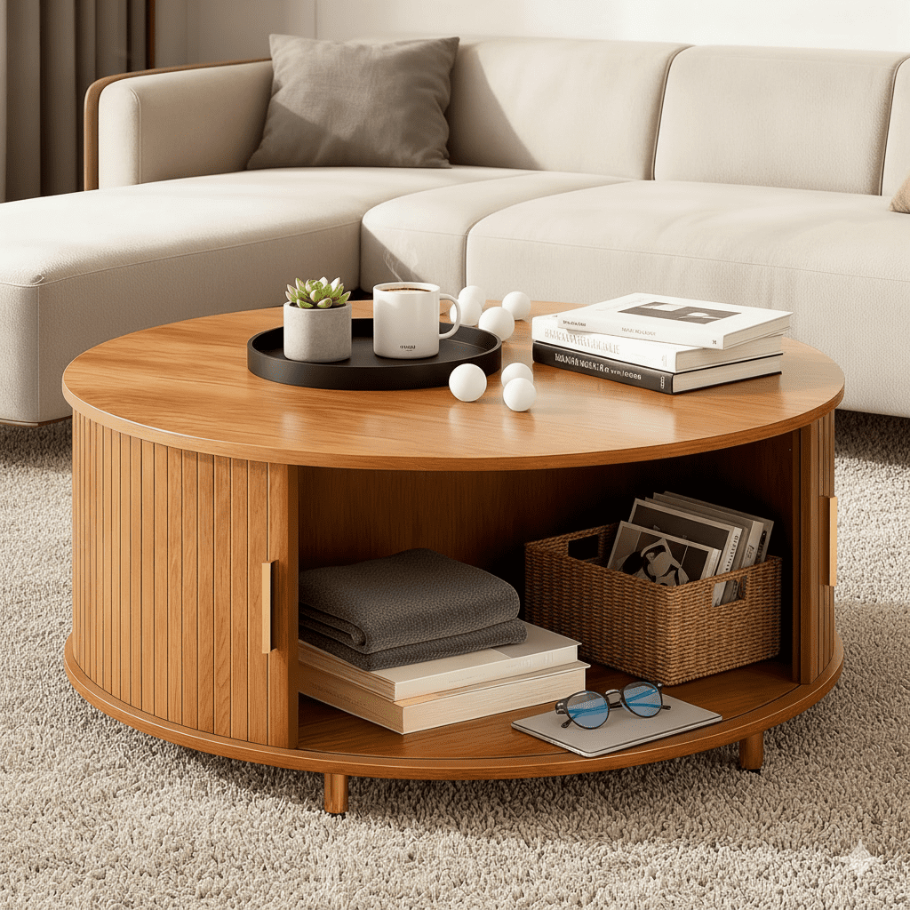 Round Coffee Table with 360° Sliding Tambour Door, 31.5" Modern Coffee ...