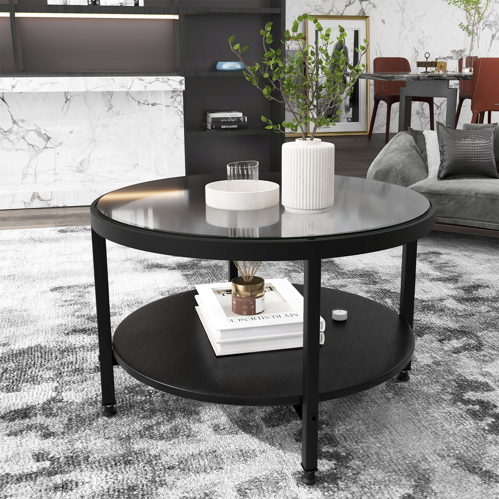Dextrus 315 In Round Tempered Glass Modern Coffee Table Metal