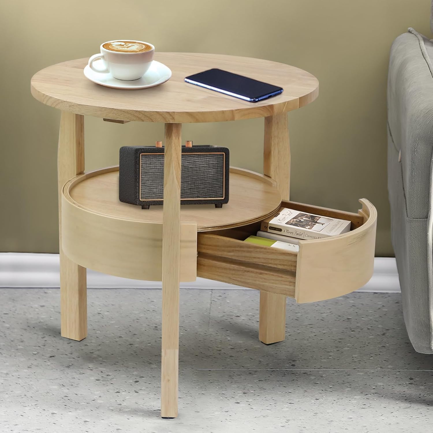 Round Coffee Table with Hidden Drawer - 20" D x 20" H Real Oak Wood ...