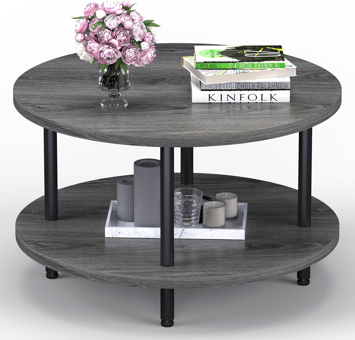Round Coffee Table Living Room, 23.6" Small Coffee Tables, 2-Tier ...