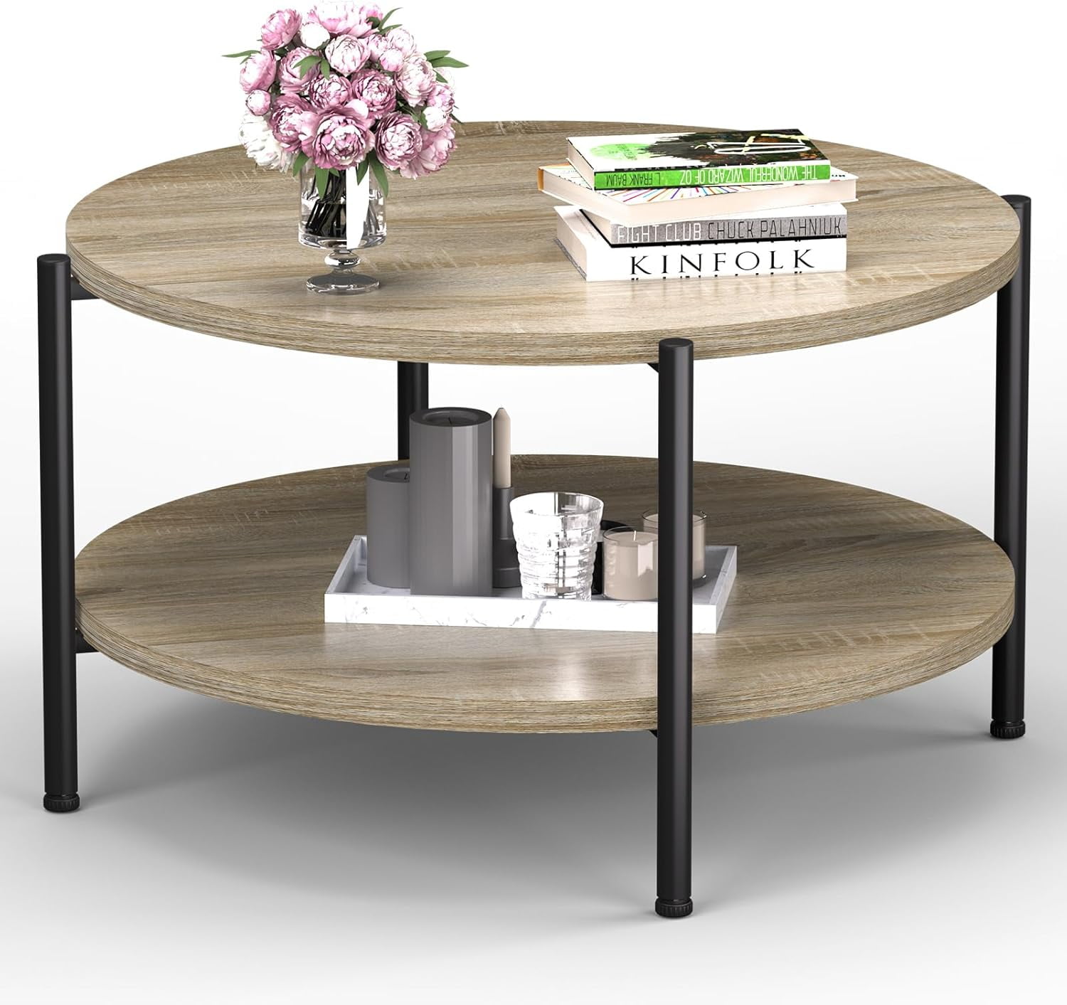 Round Coffee Table for Living Room, 27.6" Small Coffee Tables, 2-Tier ...