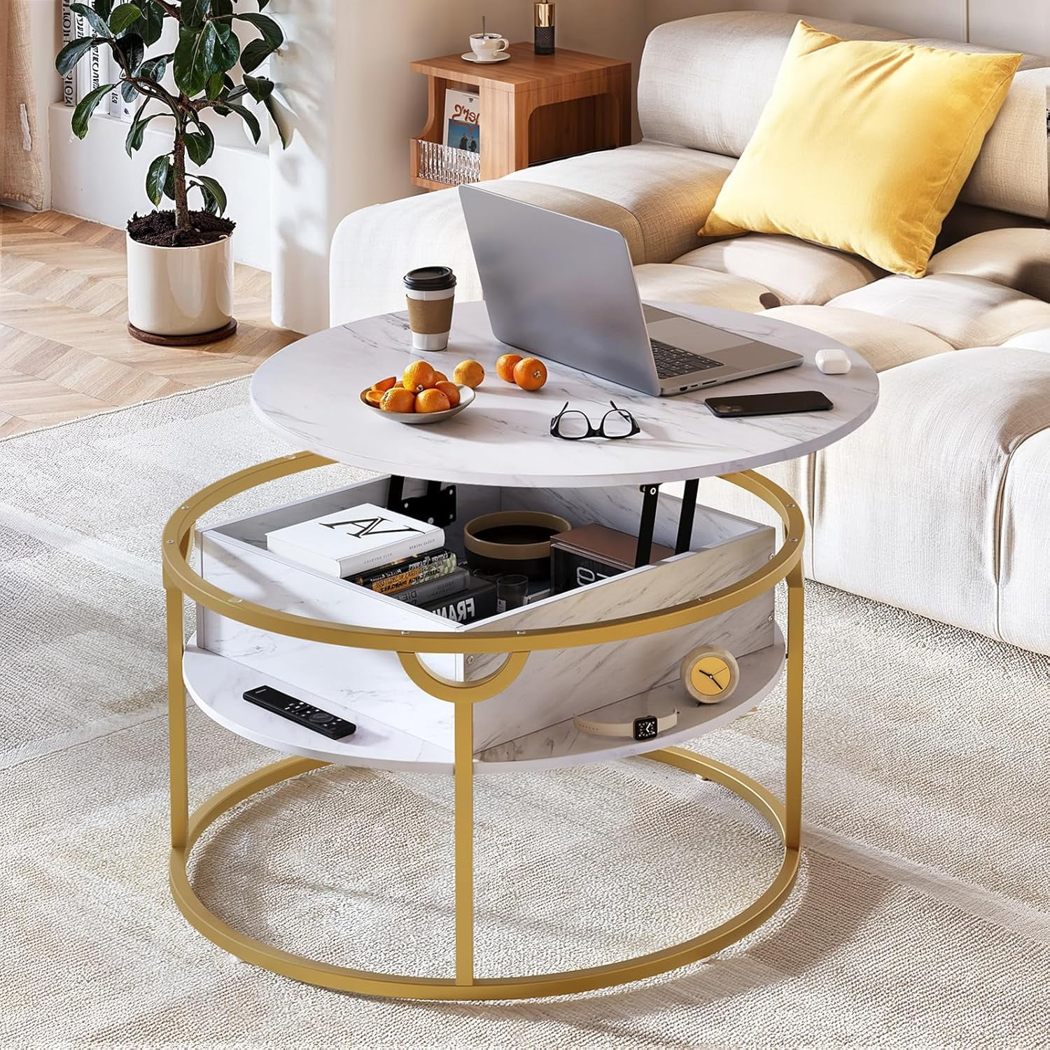 Round Coffee Table for Living Room, Lift Top Circular Coffee Table with ...
