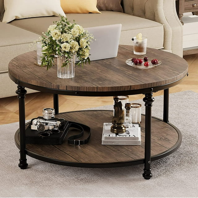 Round Coffee Table for Living Room Rustic Center Table with Storage ...