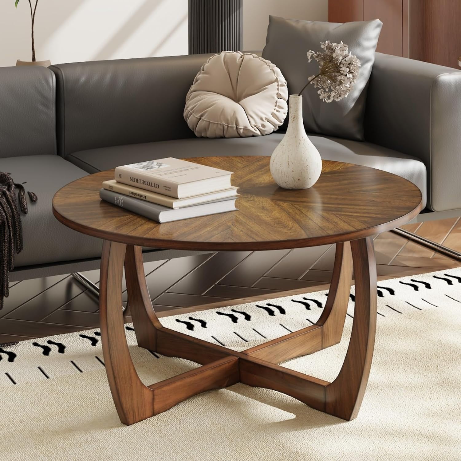 Round Coffee Table for Living Room, Soild Wood Walunt Center Coffee ...