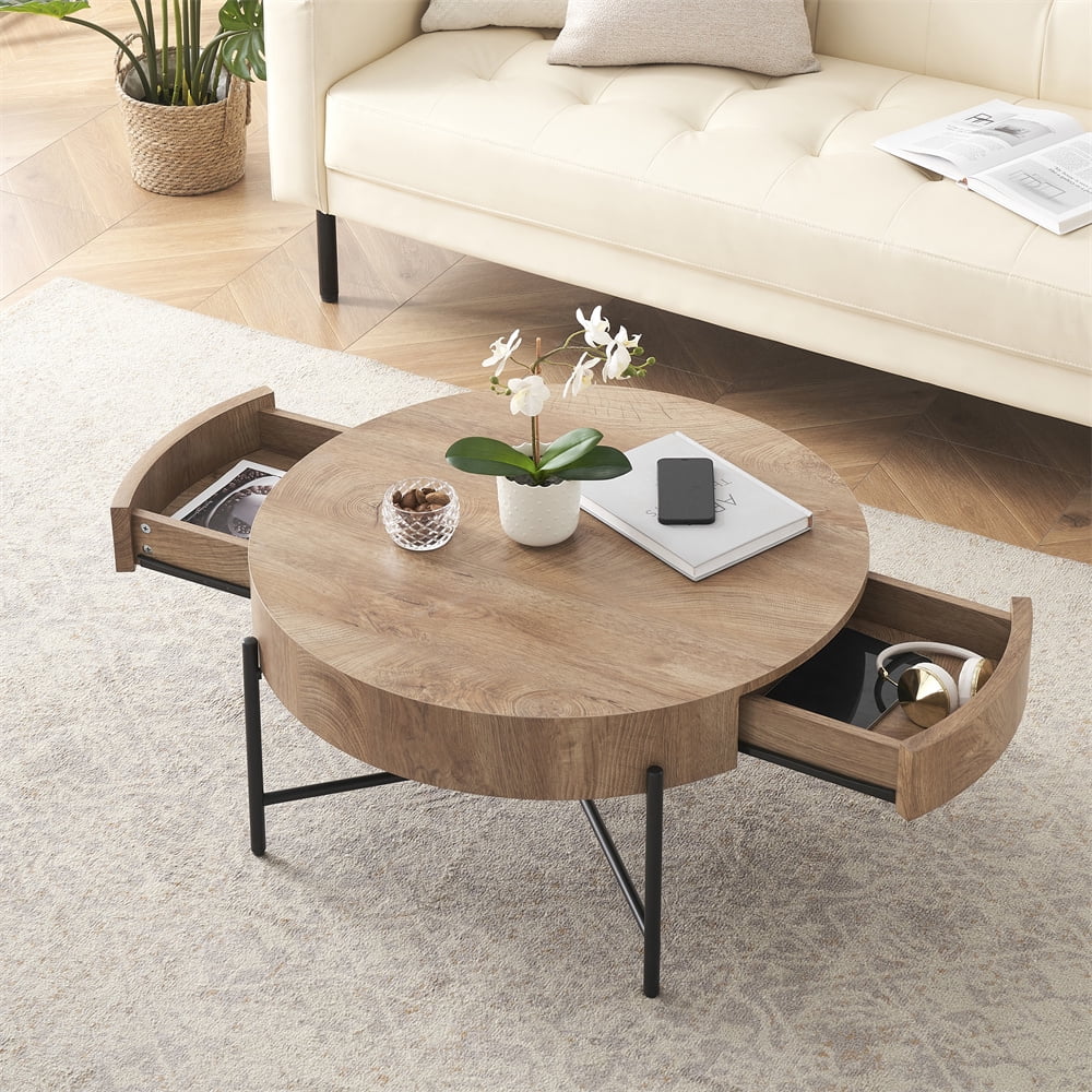Round Coffee Table Living Room Wood Center Table with Two Drawers ...
