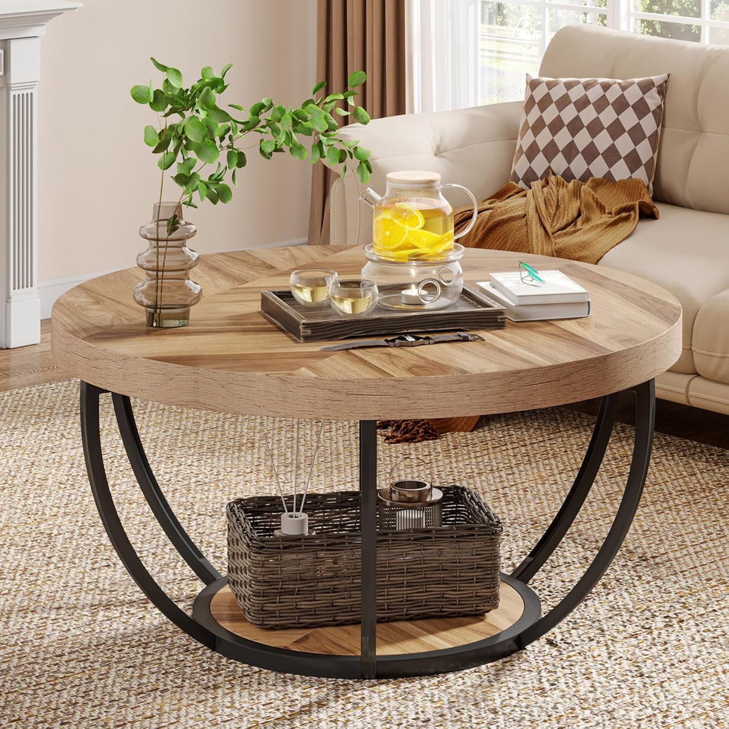 Round Coffee Table, Modern 2-Tier Center Table with Storage Open ...