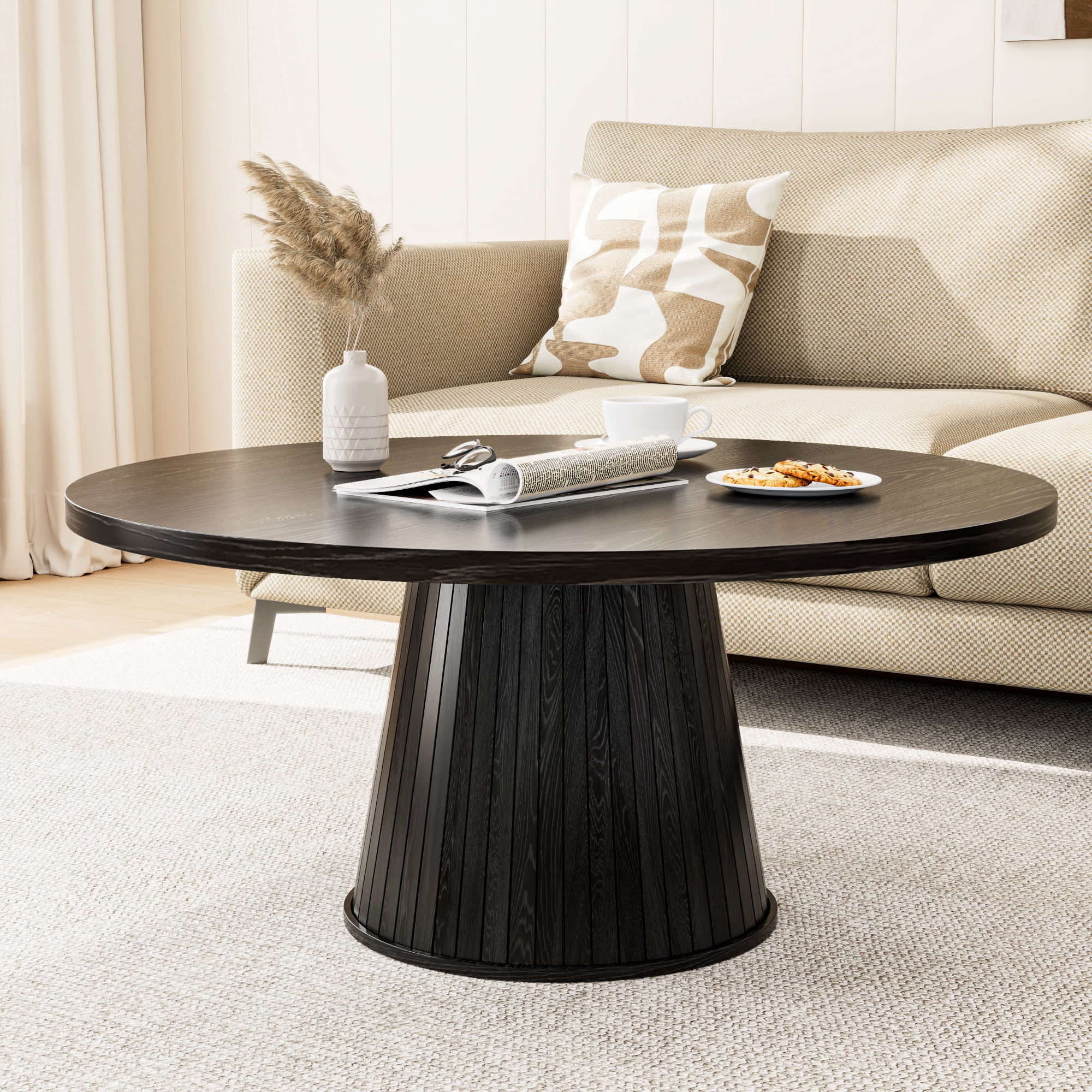 Round Coffee Table, Modern Coffee Table with Fluted Design, Circle ...