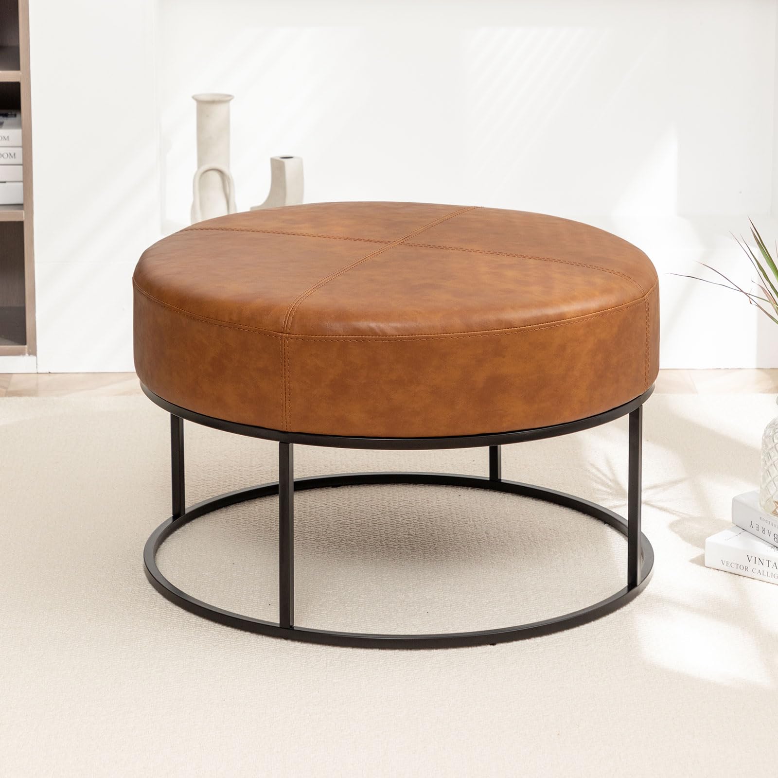 Round Coffee Table Ottoman for Living Room, Vintage Leather Upholstered ...