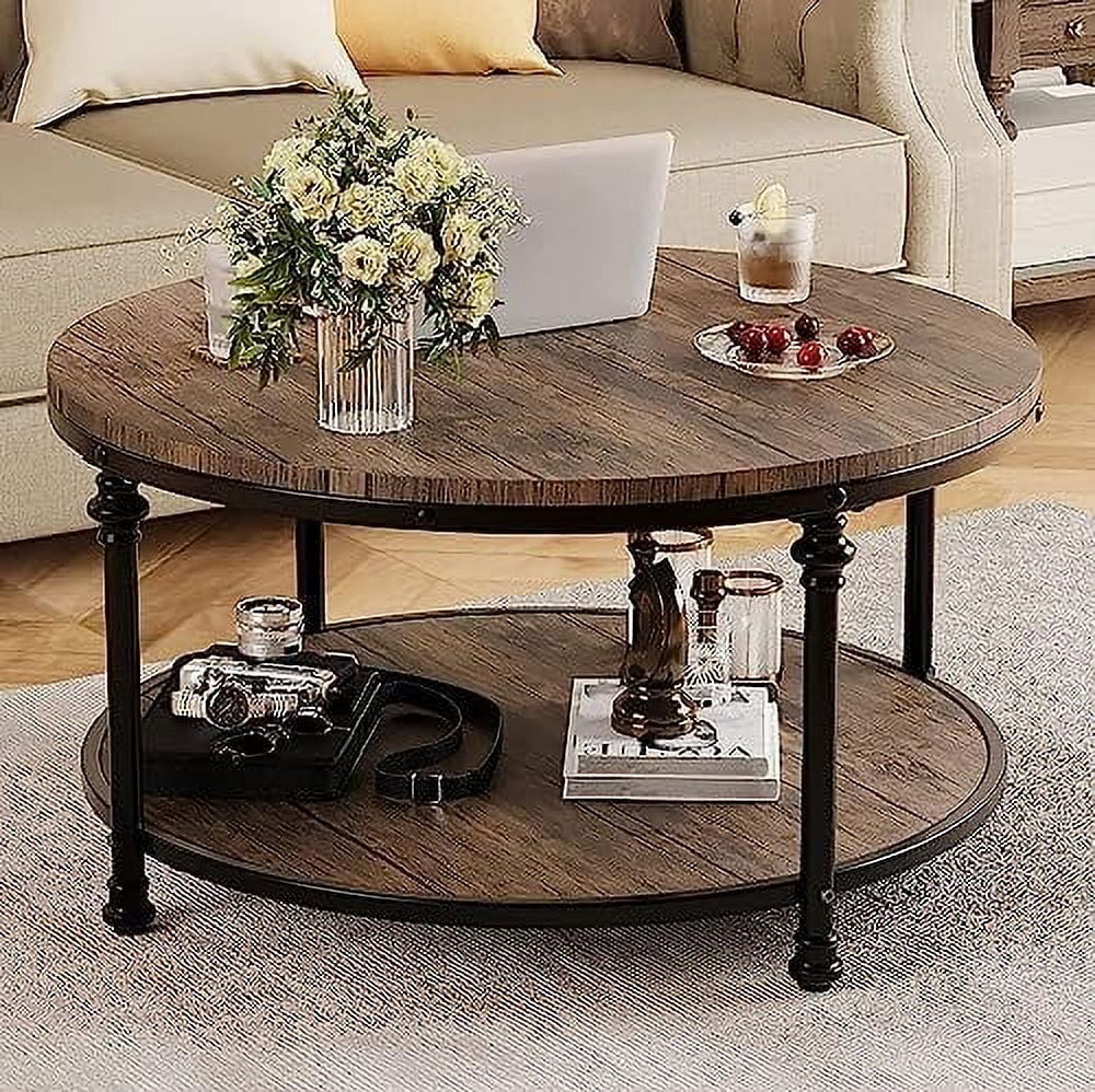 Round Coffee Table Rustic Center Table with Storage Shelf 2-Tier ...