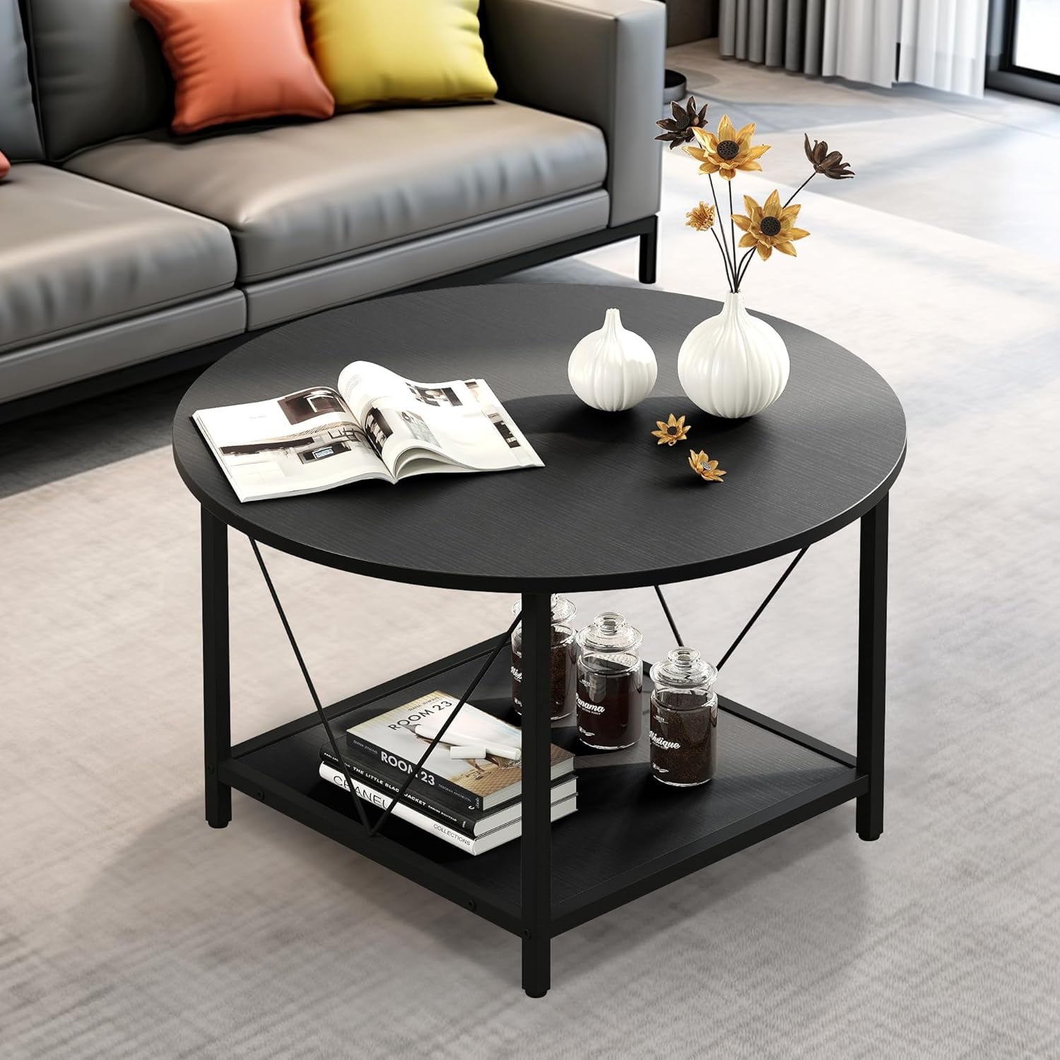Round Coffee Table,Rustic Wood Coffee Tables for Living Room with ...