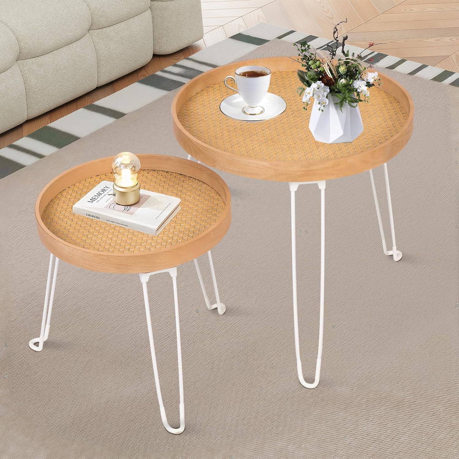Round Coffee Table Set of 2, Boho Small Coffee Table with Foldable Legs ...