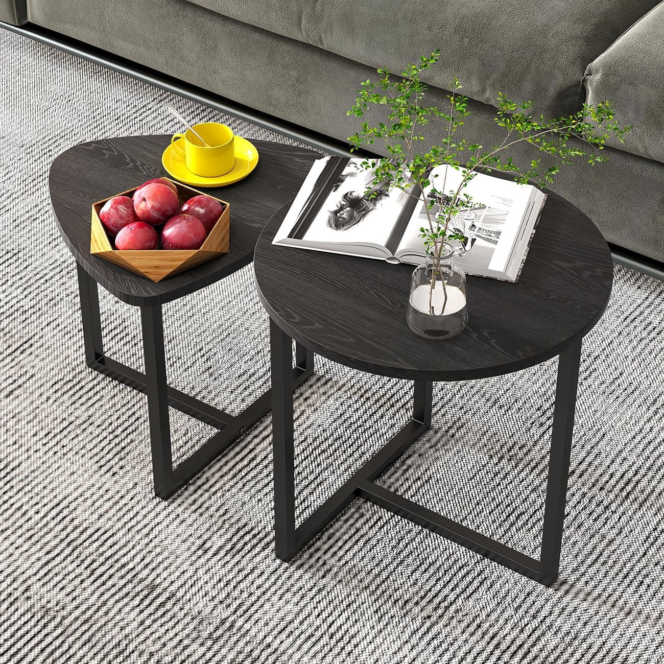 Round Coffee Table Set of 2 End Tables for Living Room,Black Small ...