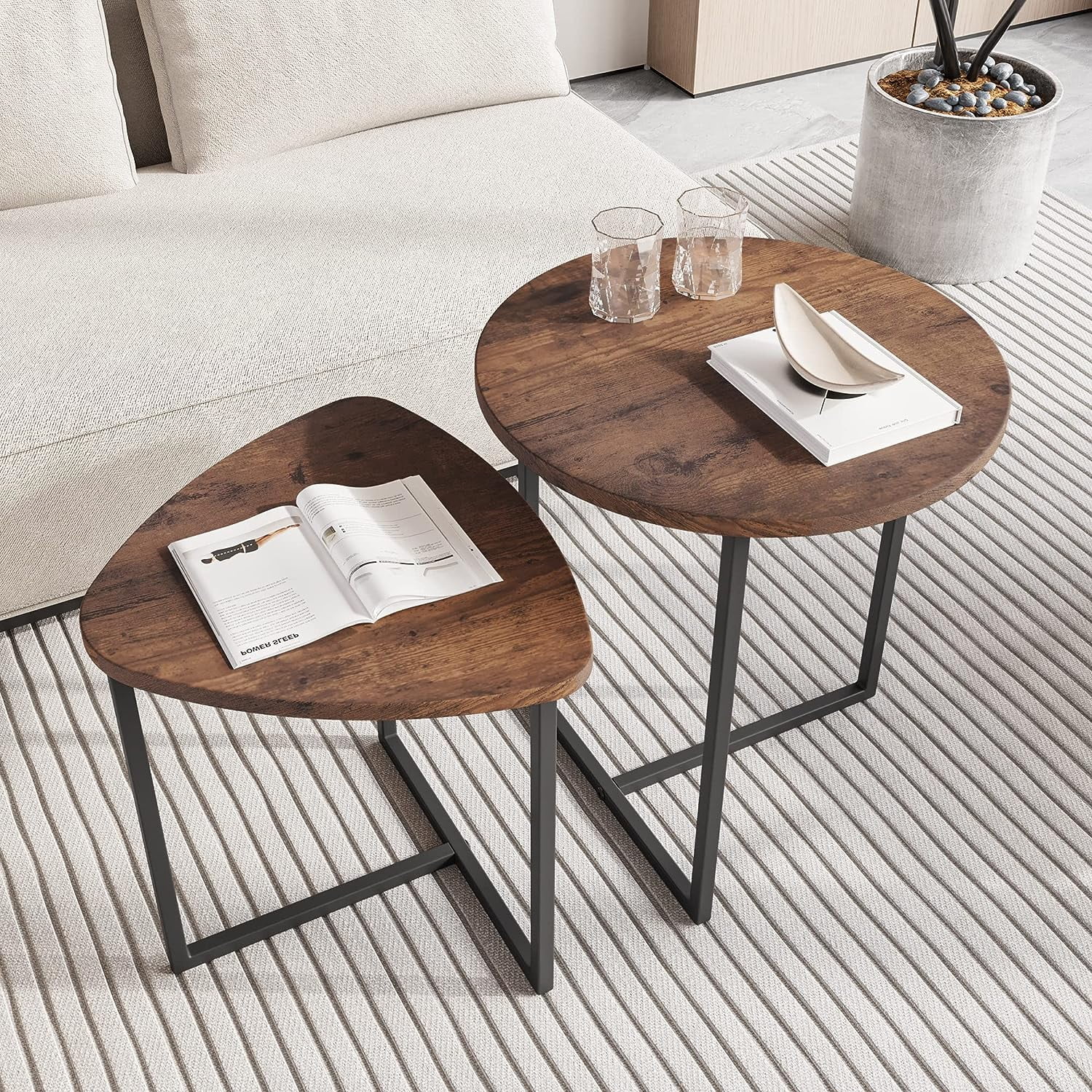 Round Coffee Table Set of 2 End Tables for Living Room,Black Small ...