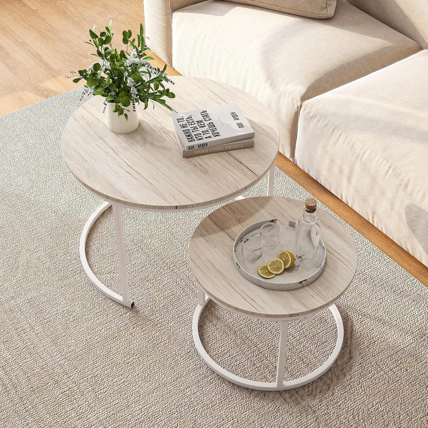 Round Coffee Table Set of 2 End Tables for Living Room,Modern White ...