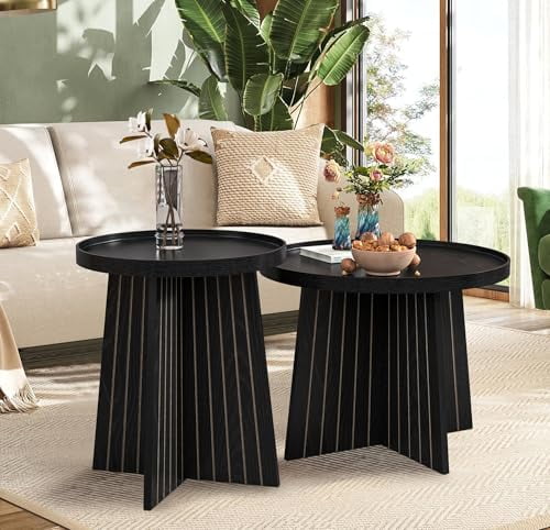 Round Coffee Table Set of 2, Mid Century Modern Fluted Nesting Coffee ...