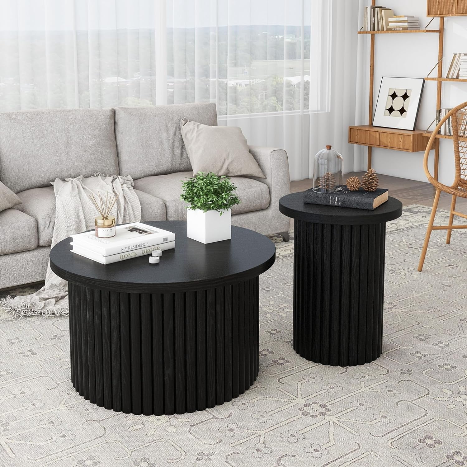 Round Coffee Table Set of 2, Modern Circle Nesting Tables with Wood ...