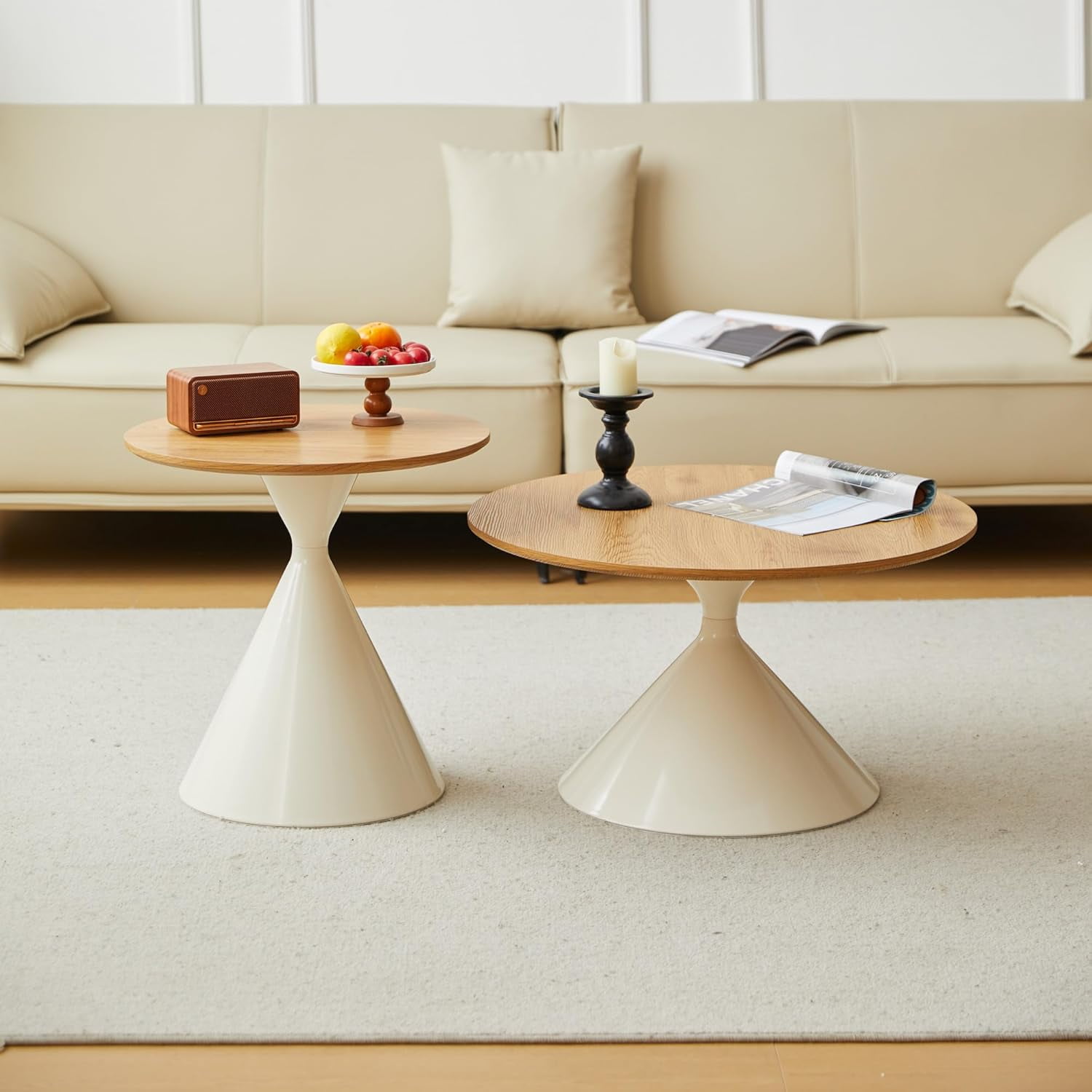 Round Coffee Table Set of 2,Modern Nesting Coffee Table with Solid Wood ...