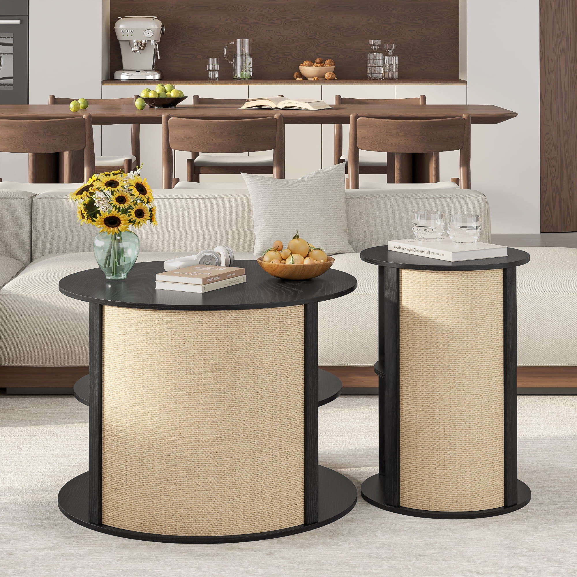 Round Coffee Table Set of 2, Farmhouse Boho Coffee Table End Table Set ...