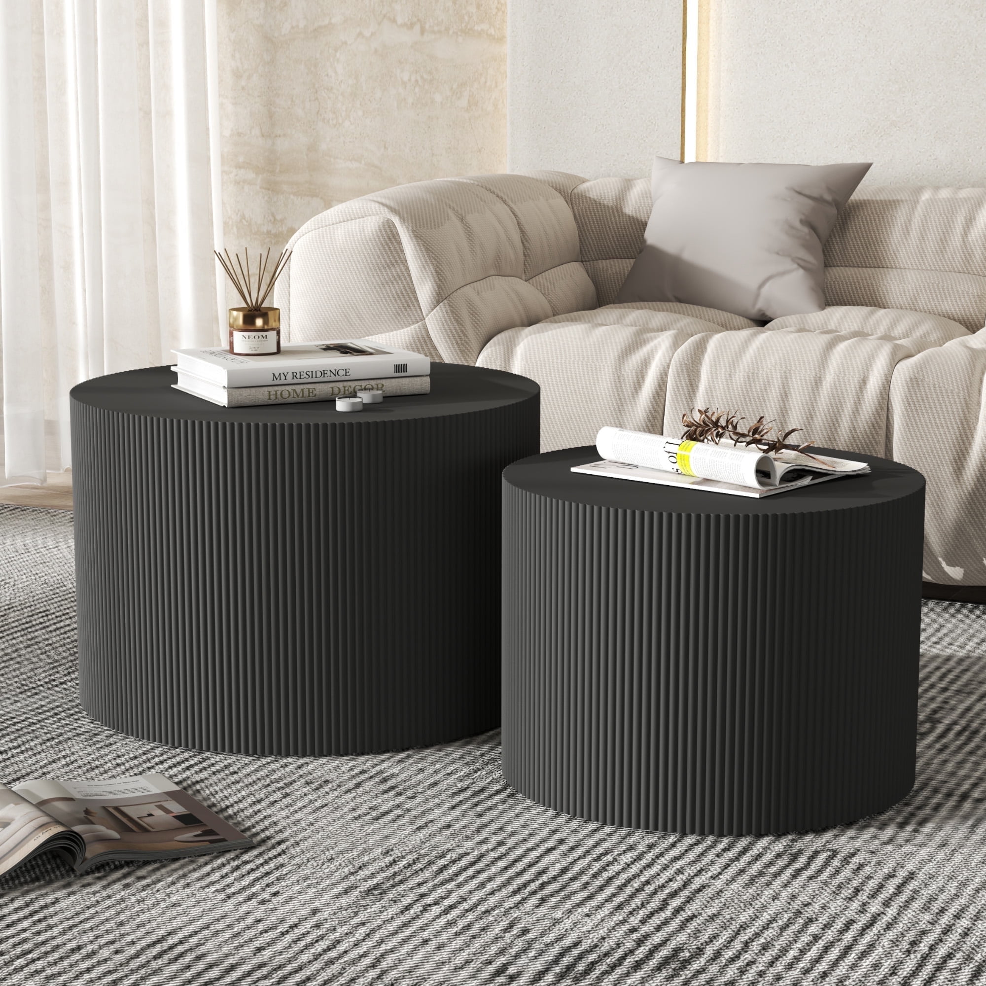 Round Coffee Table Set of 2, Modern Black Wooden Nesting Tables for Living Room, No Assembly ...