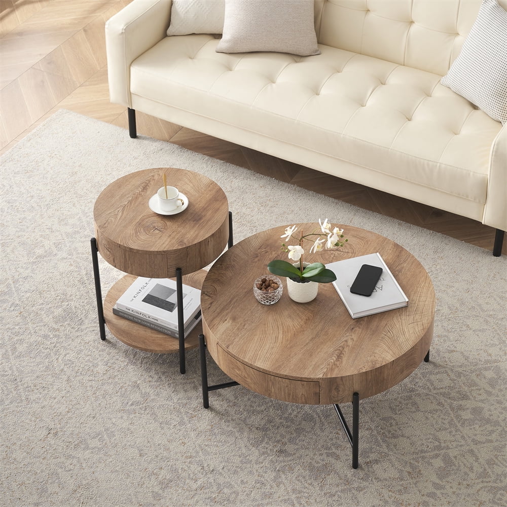 Round Coffee Table Solid Wood Center Table with Two Drawers Farmhouse ...