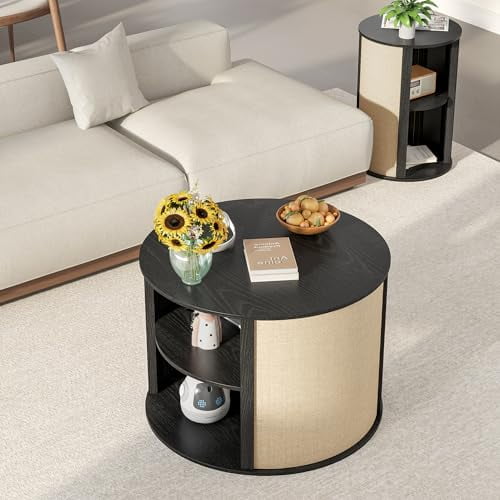Round Coffee Table with Storage, 2-Tier Boho Mid Century Modern Small ...