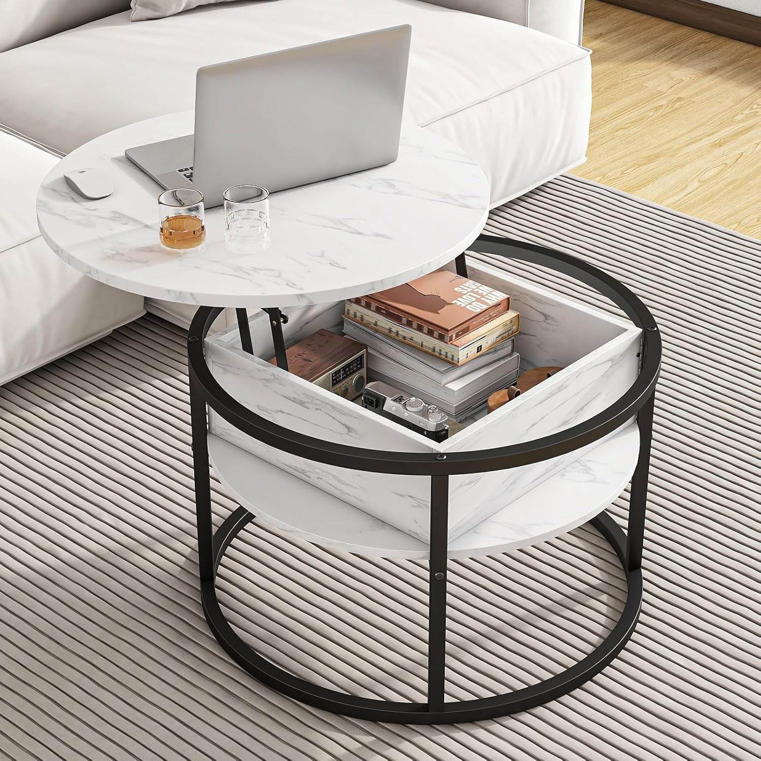 Round Coffee Table with Storage, Lift Top Coffee Table with Hidden ...