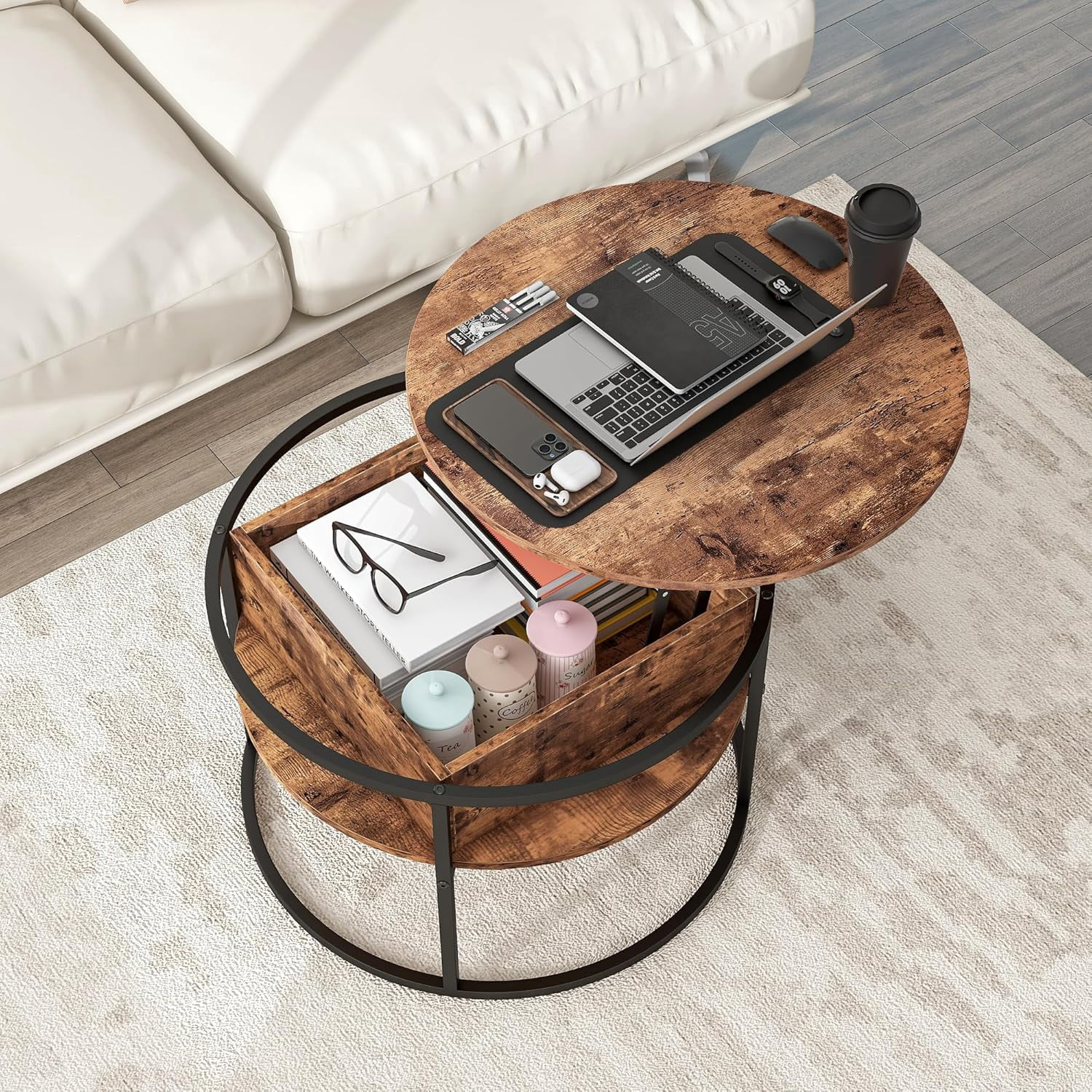 Round Coffee Table with Storage, Lift Top Coffee Table with Hidden ...