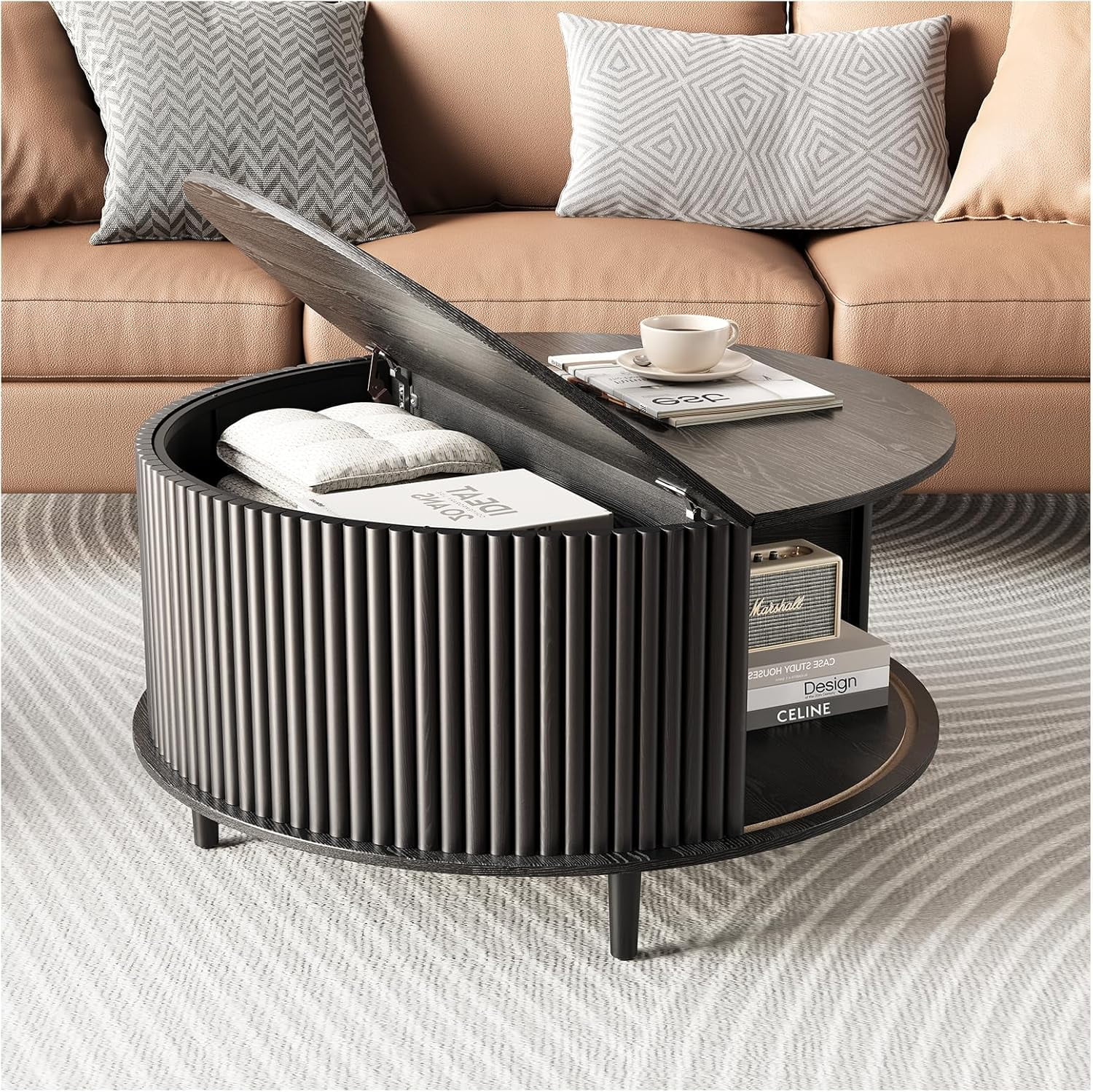 Round Coffee Table with Storage, Mid Century Modern Center Table with ...