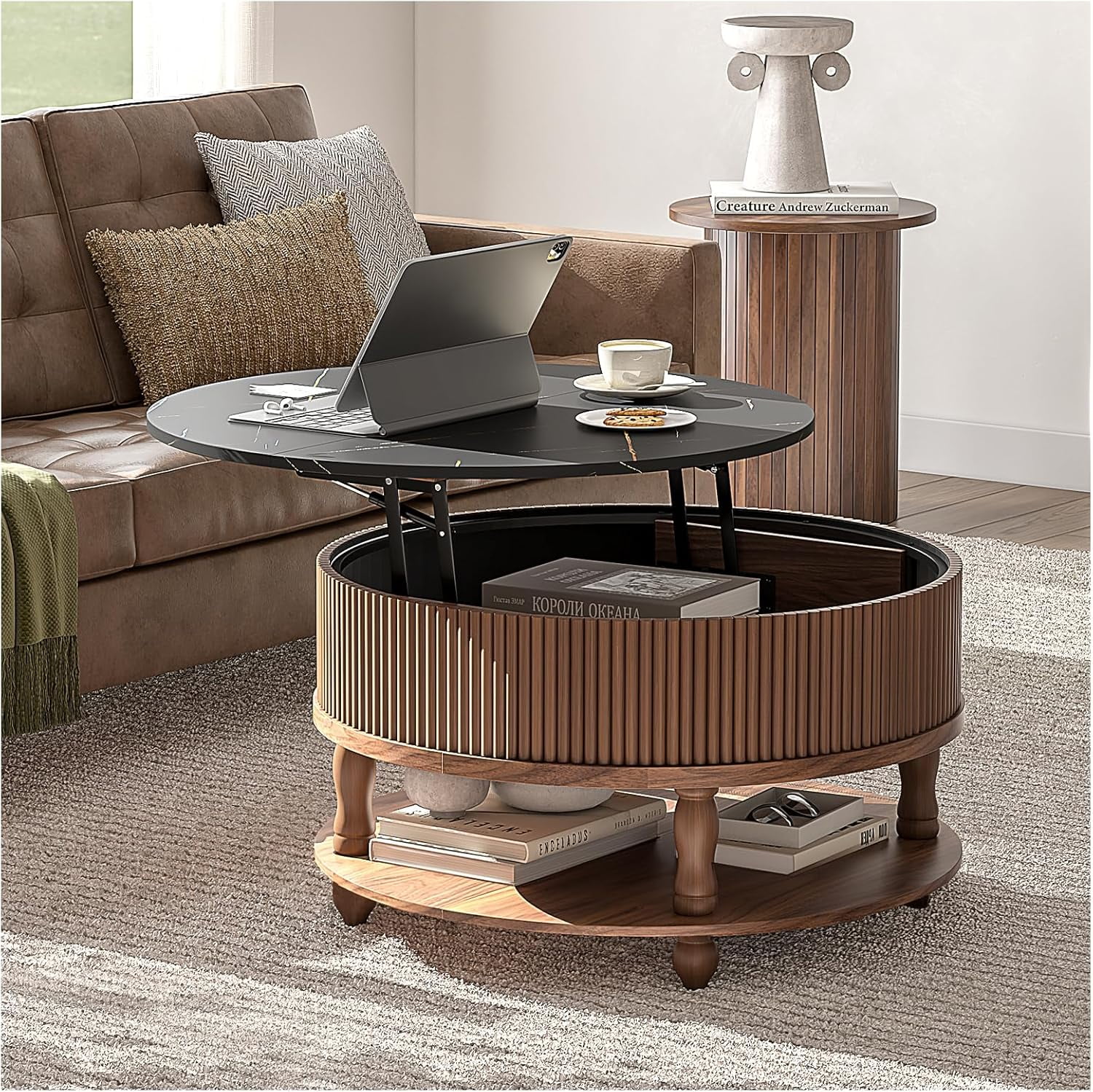 Round Coffee Table with Storage, Mid Century Modern Dining Table with ...