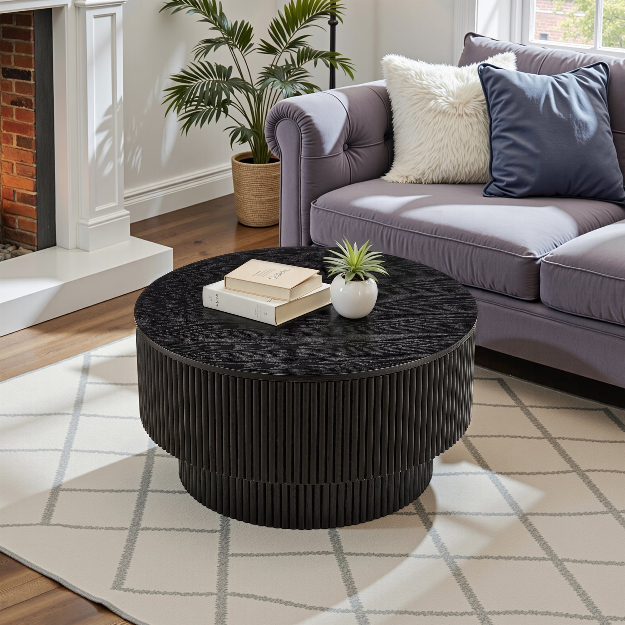 Round Coffee Table with Storage, Modern Wooden Coffee Table with Solid ...