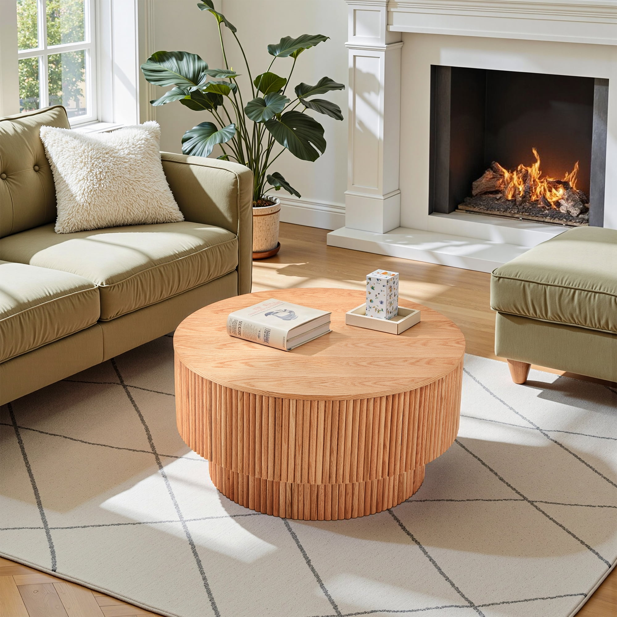 Round Coffee Table with Storage, Modern Wooden Coffee Table with Solid ...