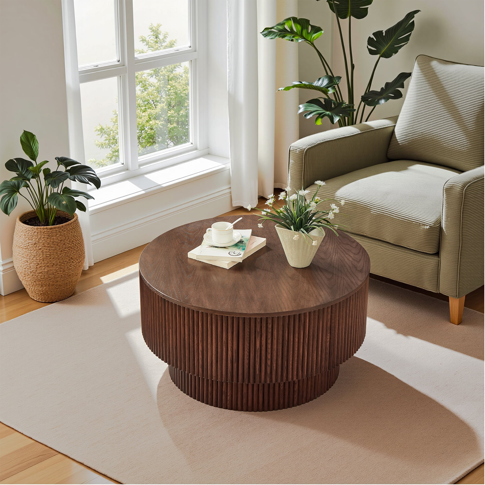 Round Coffee Table with Storage, Modern Wooden Coffee Table with Solid ...