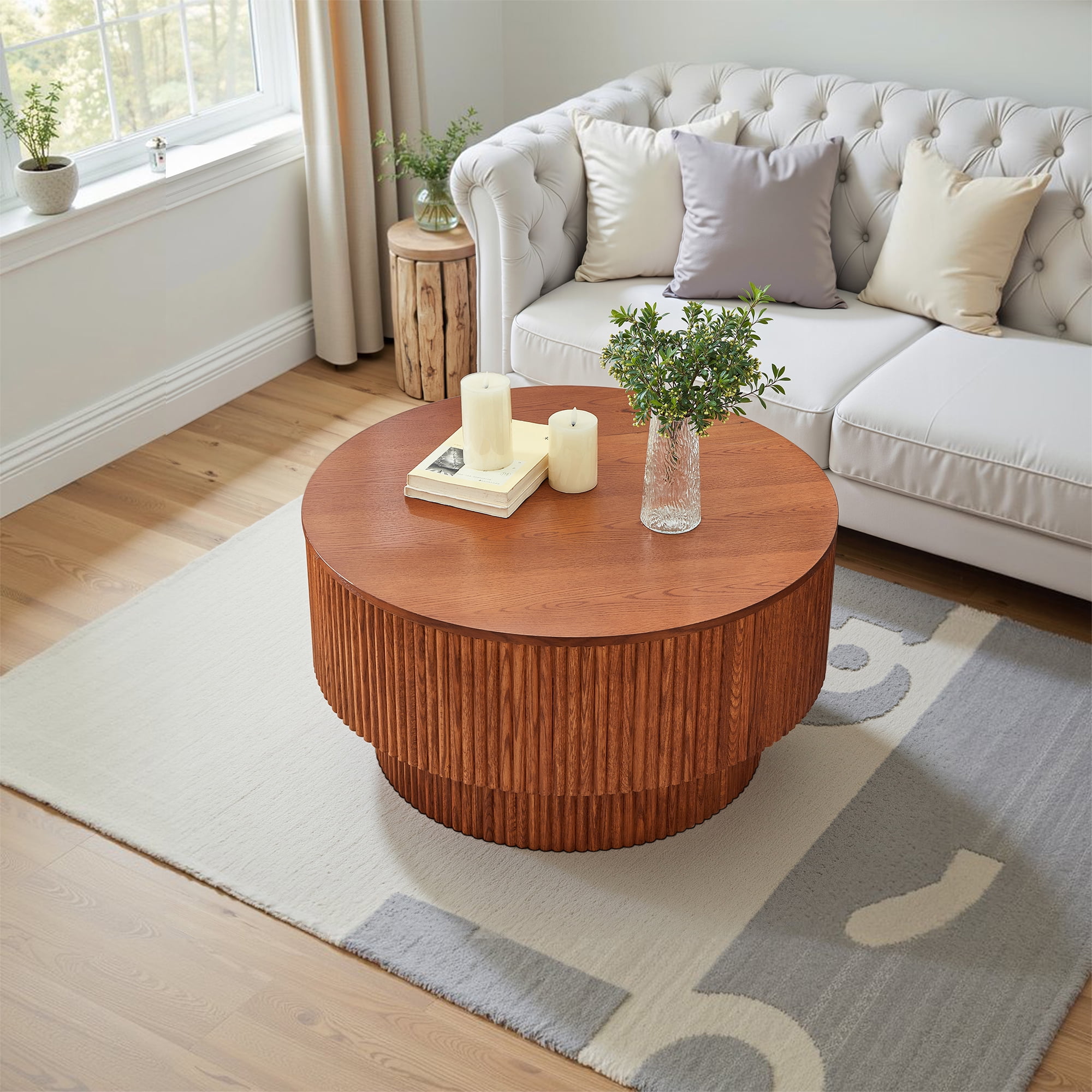 Round Coffee Table with Storage, Modern Wooden Coffee Table with Solid ...