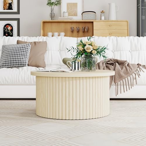 Round Coffee Table with Storage, Wood Modern Fluted Drum Coffee Table ...
