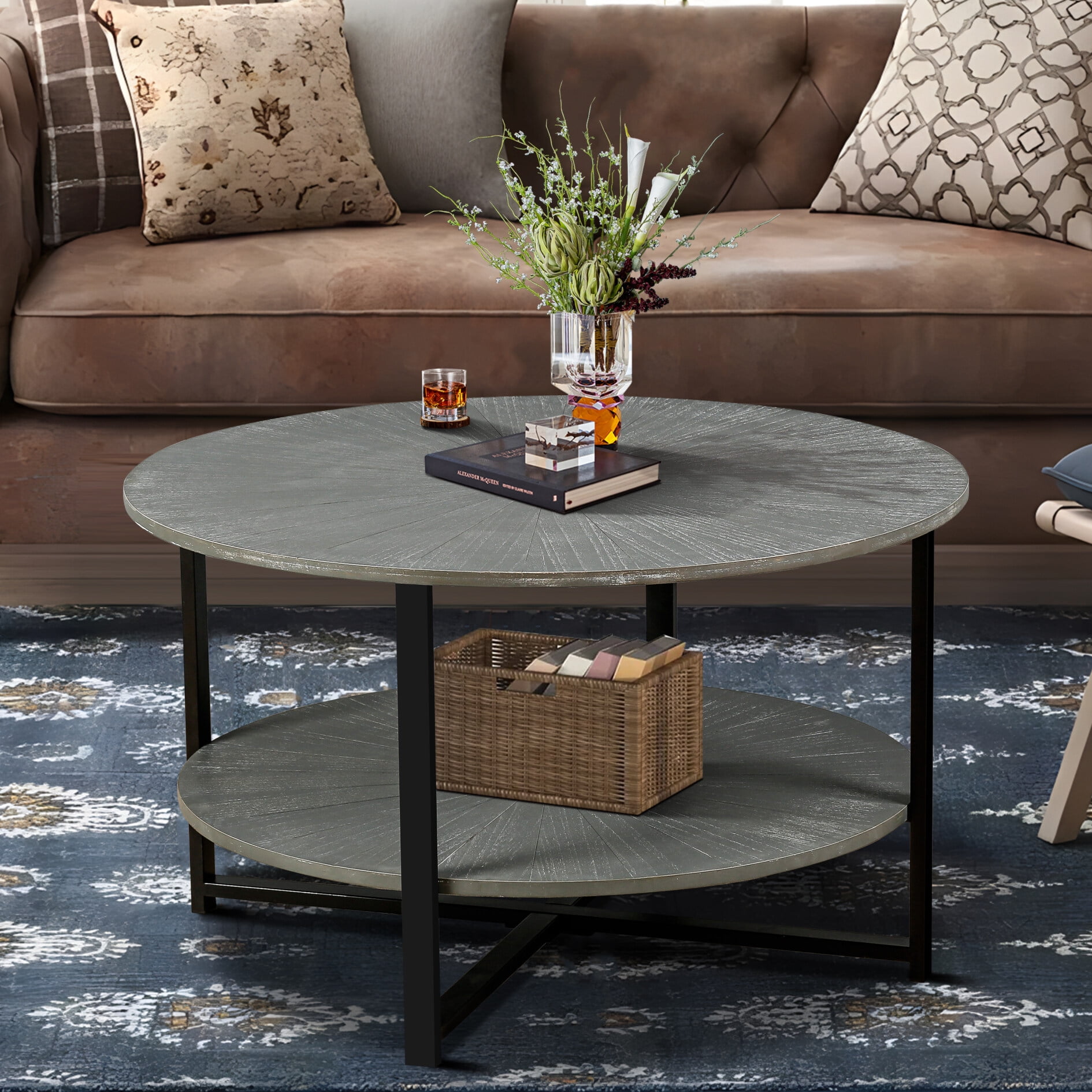 Round Coffee Table With 2-Tier Storage, Cocktail Table With Patchwork ...