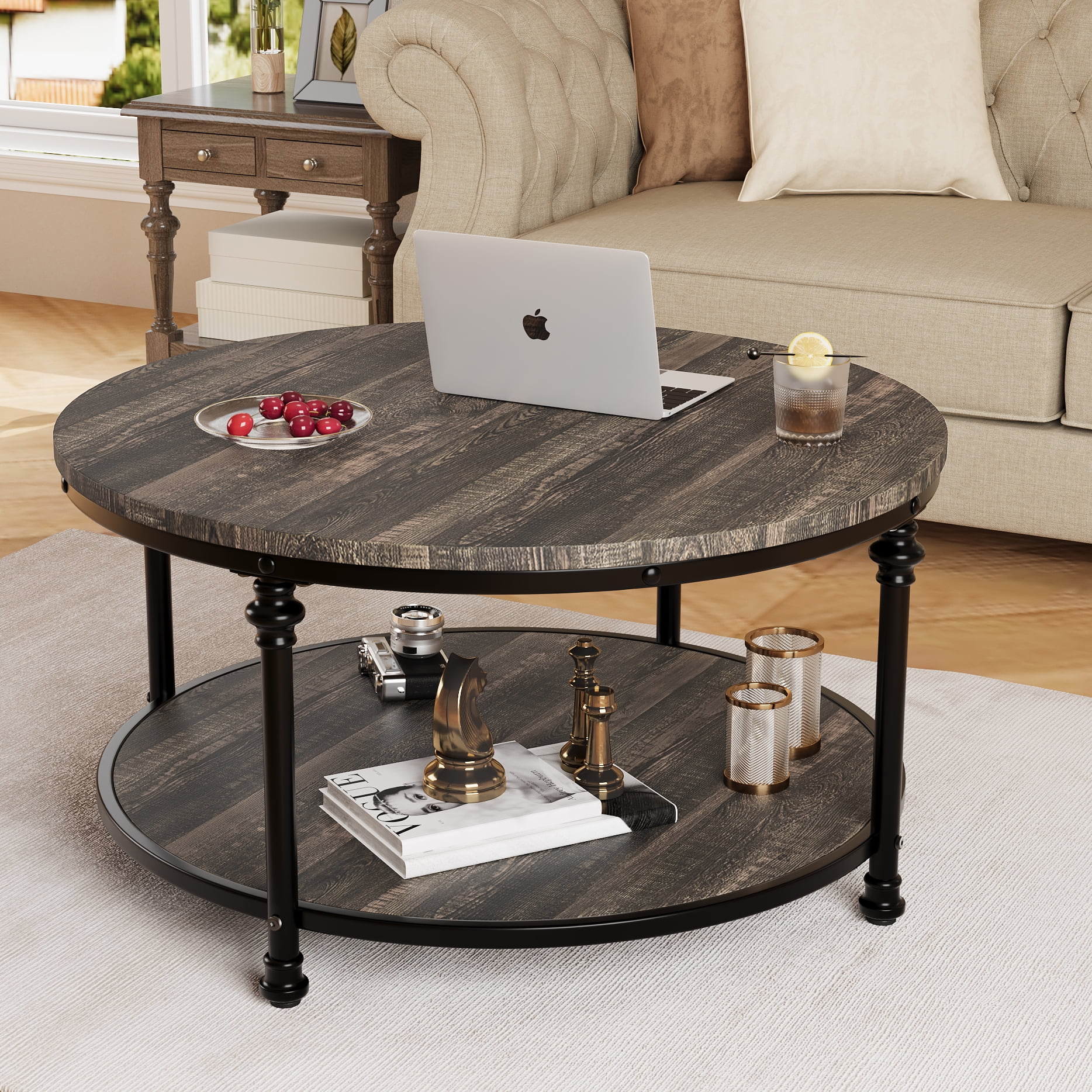 Round Coffee Table for Living Room Rustic Center Table with Storage ...