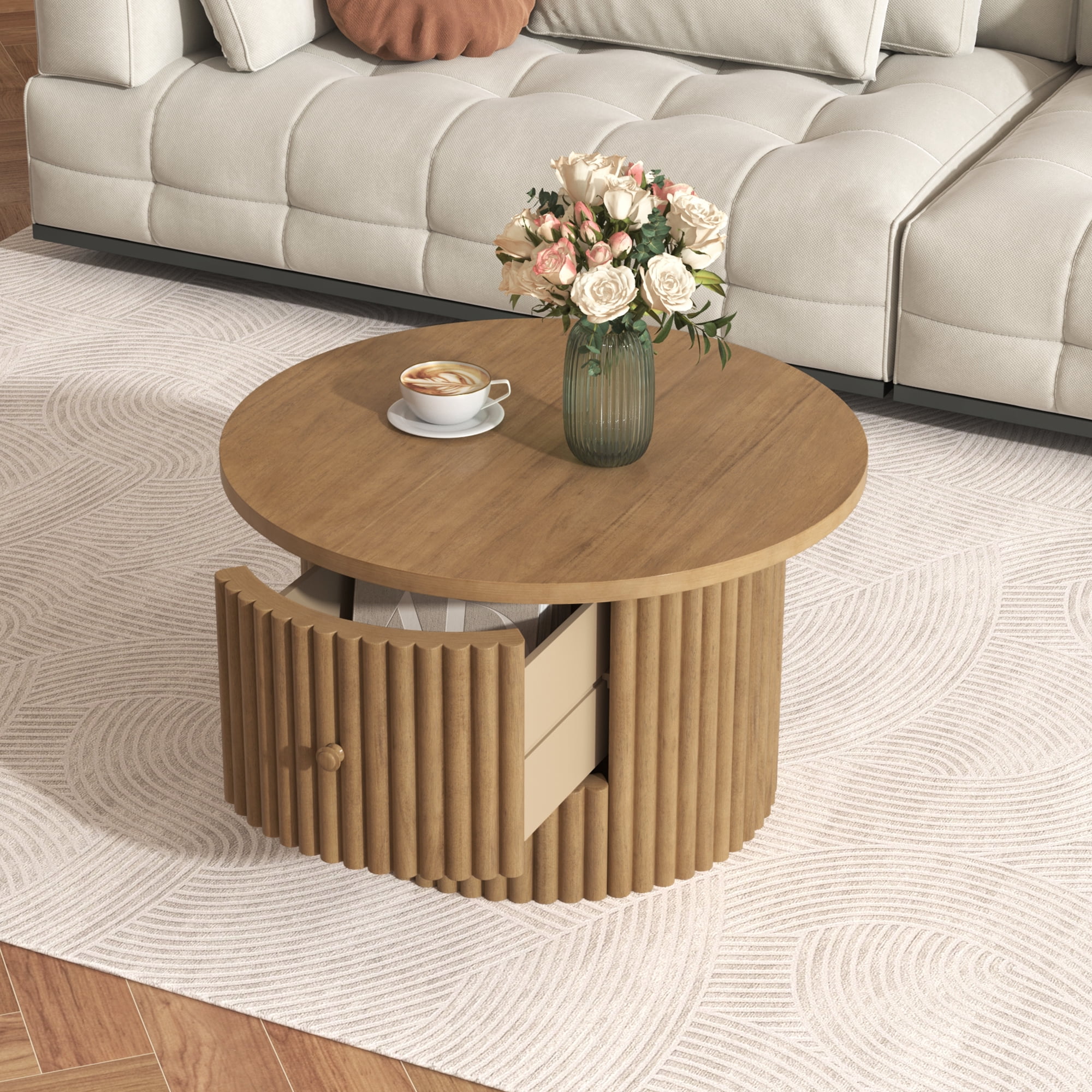 Round Coffee Table for Living Room in Natural, Farmhouse Coffee Table ...