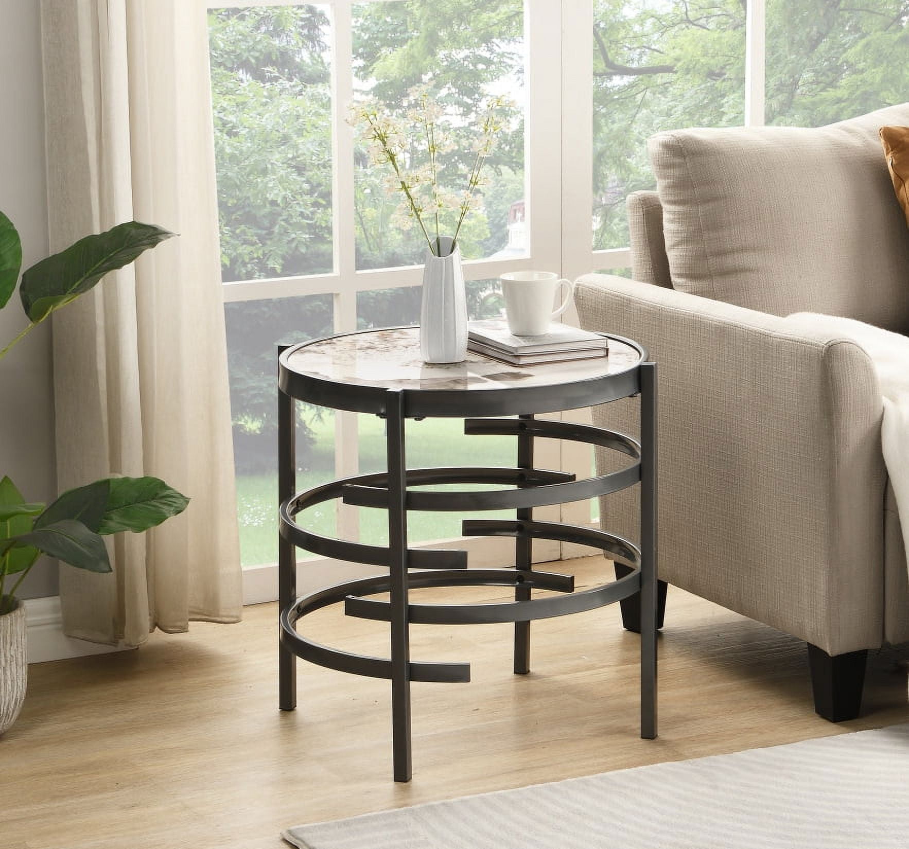 Round Coffee Table with Sintered Stone Top, Side Table with Sturdy ...