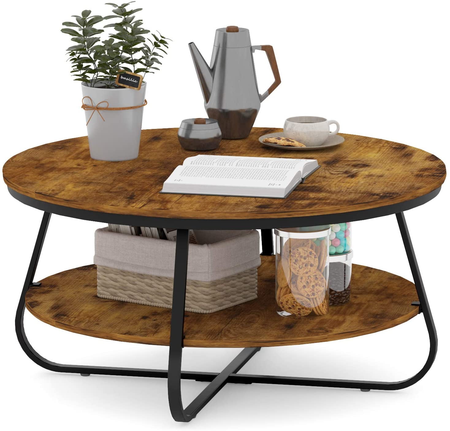 Round Coffee Table with Storage 35.8 Inch Industrial Wood Coffee Table ...