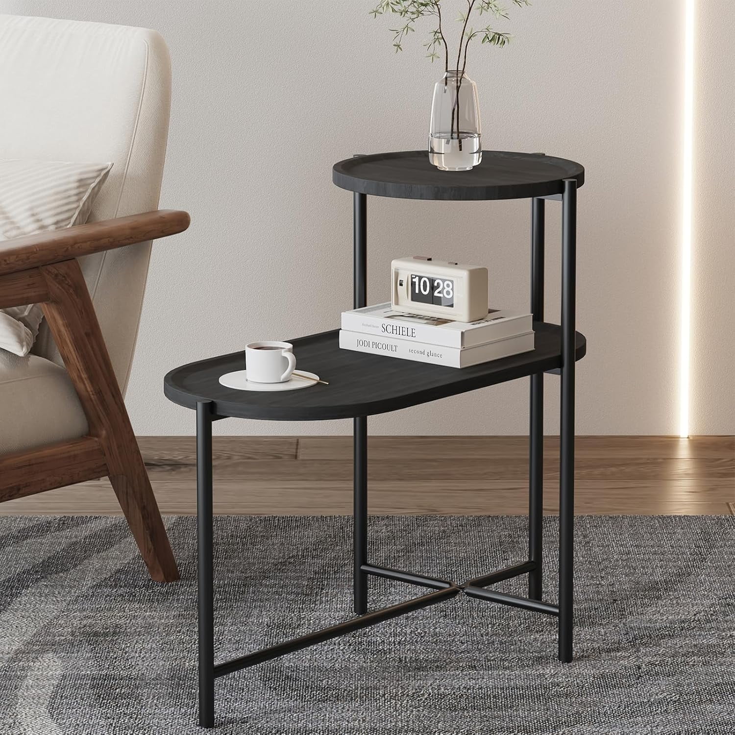 Round Coffee Table with Storage Tray 2 Tier Oval End Tables Wooden Small Side Table for Living ...