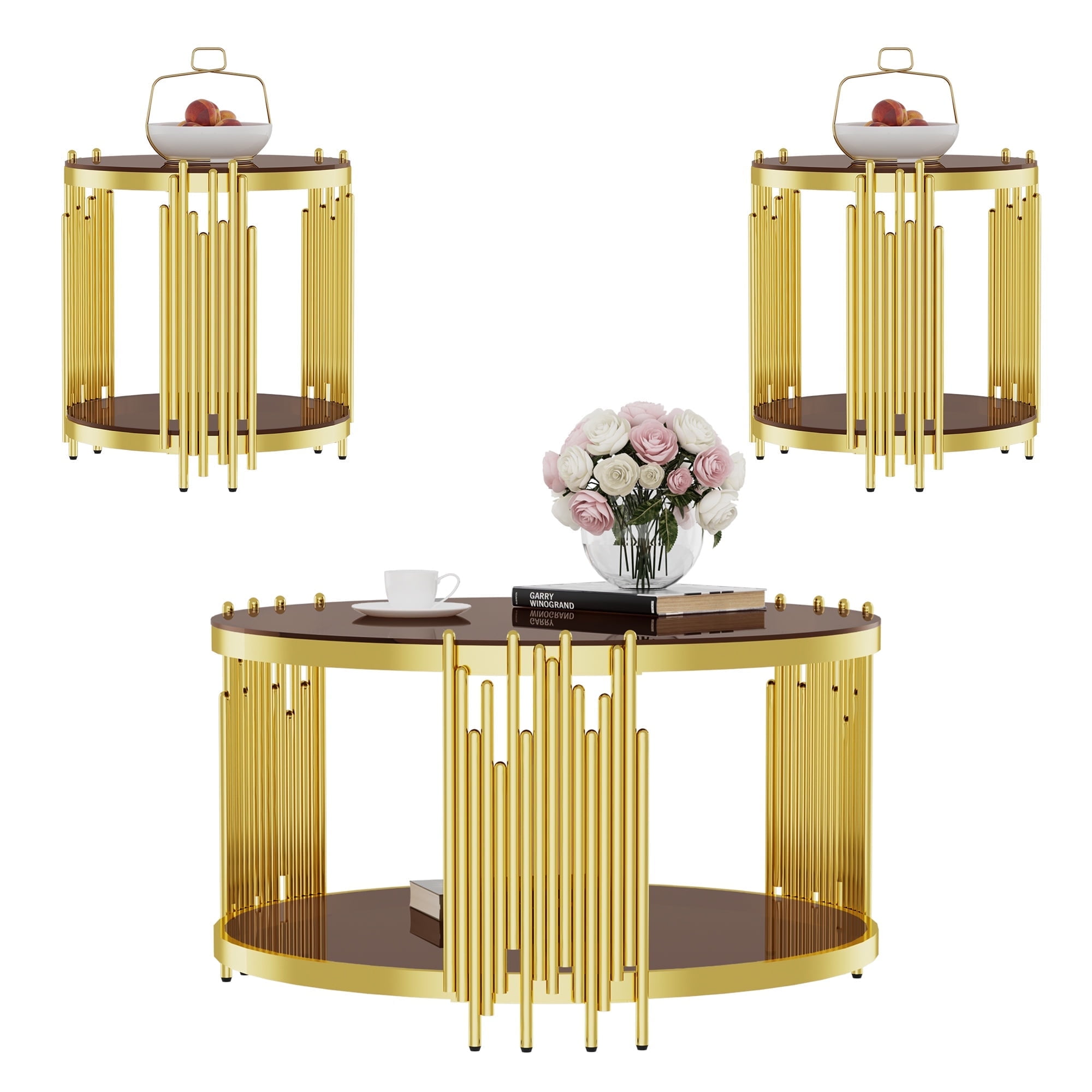 Round Coffee Tables Set of 3, Holaki 35.4" Modern Tempered Glass Coffee ...