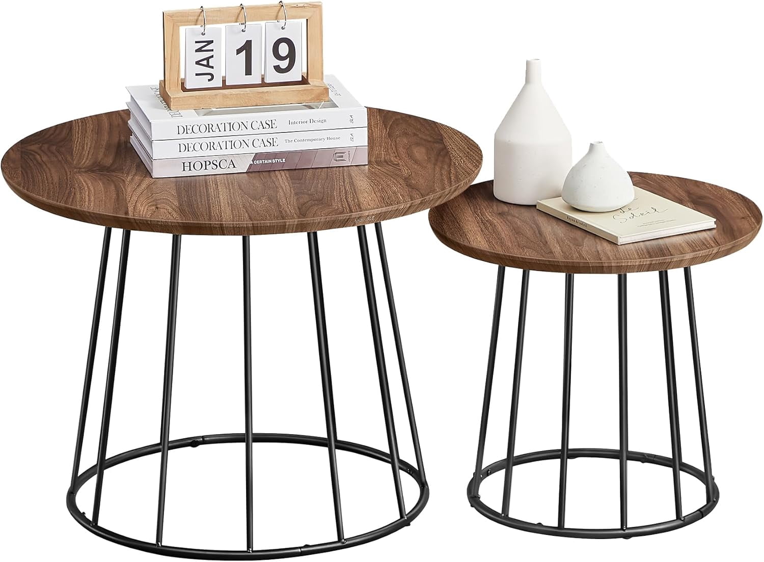 Round Coffee Tables, Set of 2, Modern Circle Side Tables with Steel ...